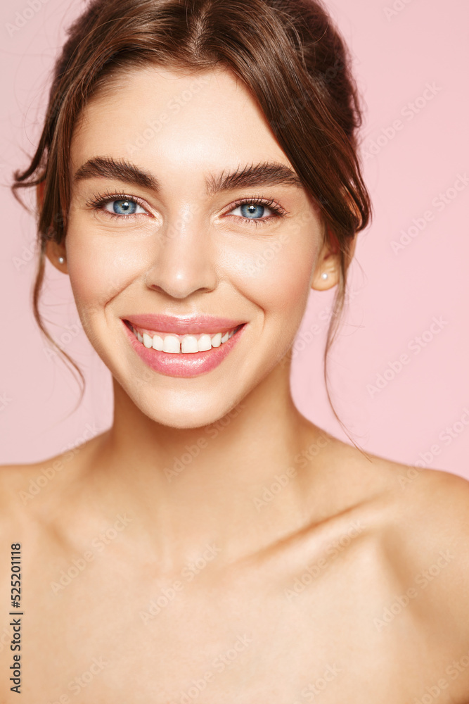 Skin care. Vertical portrait of beautiful female model with clean ...