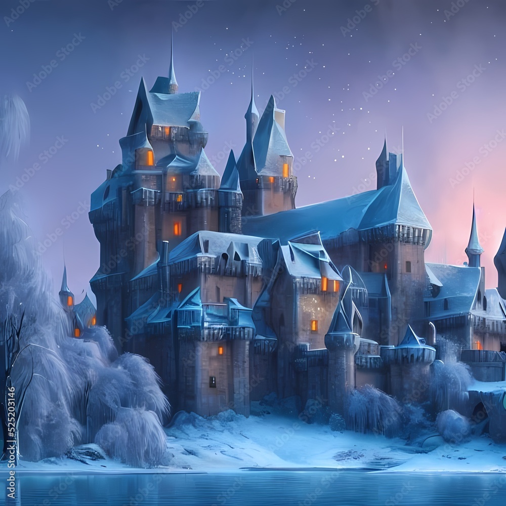 Medieval castle at night in a snowy tundra mountain. Fantasy concept ...