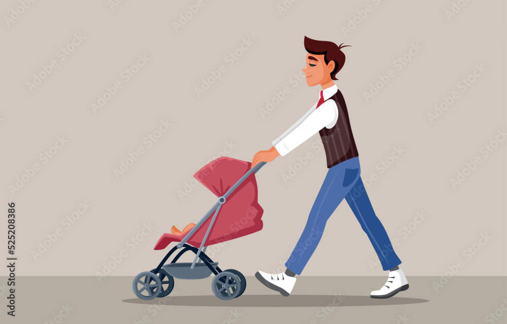 Happy Father Pushing the Stroller Vector Cartoon Illustration. Cool ...