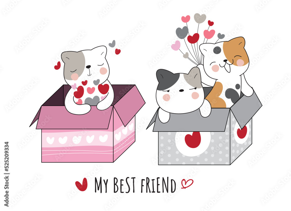 Flat cute animal cat with best friend illustration for kids Stock ...