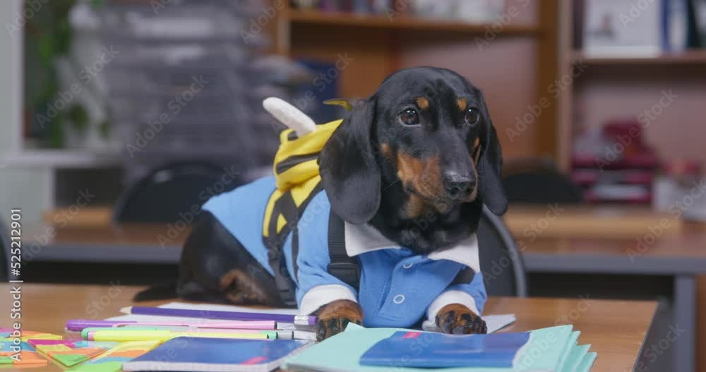 Cute dachshund puppy in a school uniform and with backpack in the shape ...