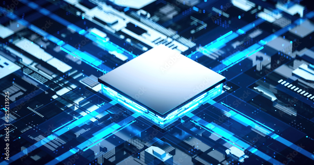 3D rendering of cyberpunk AI. Circuit board. Technology background ...