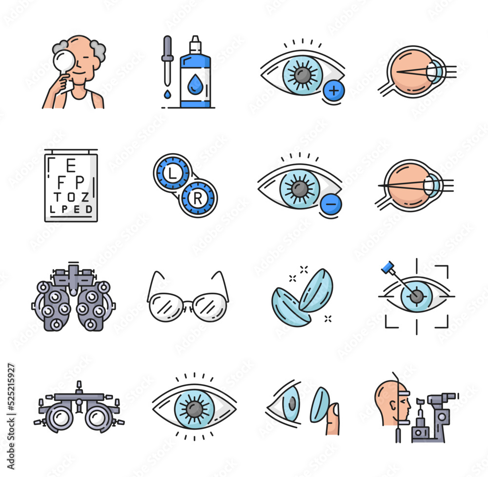Optometry icons, eye laser surgery, phoropter and ophthalmology ...