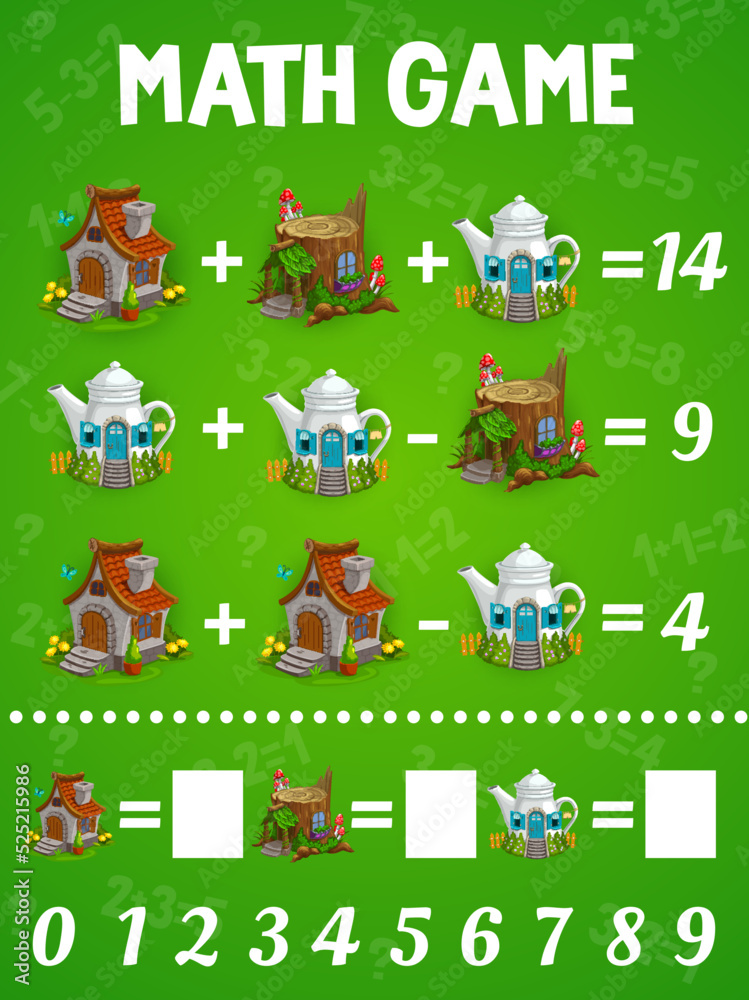 Math game worksheet, cartoon elf and gnome house buildings puzzle quiz ...