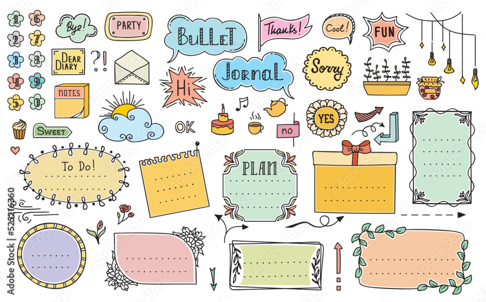 Bullet journal diary calendar color doodle frames and elements, vector ...