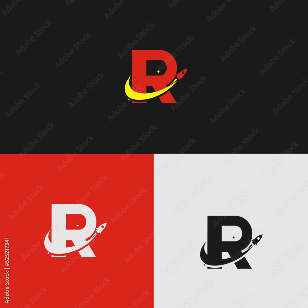 initial letter R for rocket logo elements design with spaceship launch ...