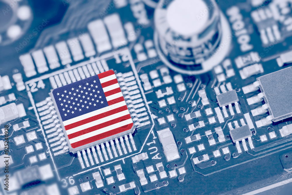 Poster Flag of USA on a processor, CPU Central processing Unit or GPU ...