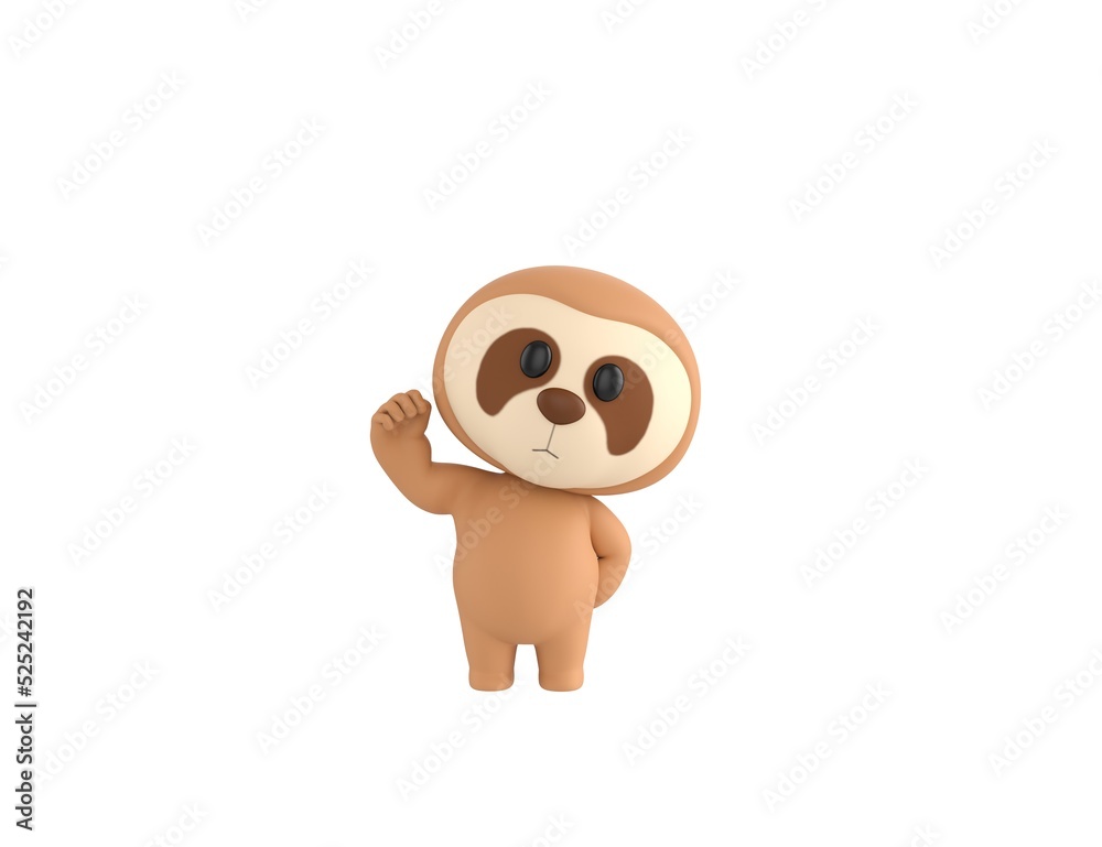 Little Sloth character raising right fist in 3d rendering. Stock ...