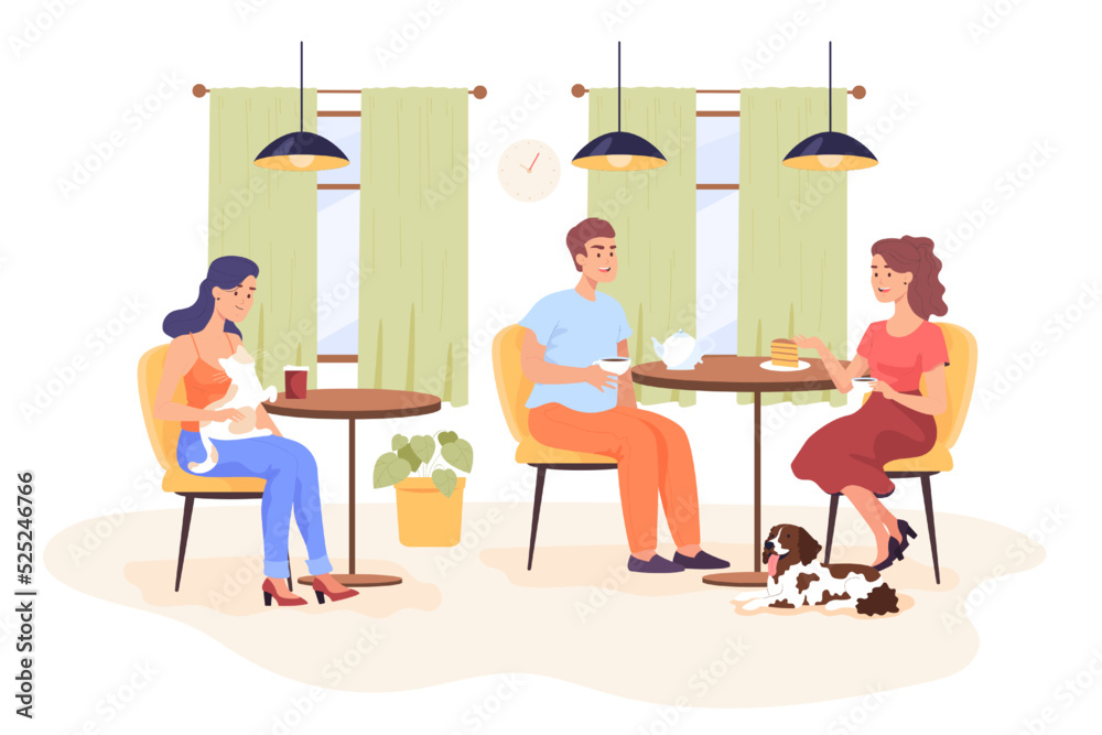 Happy people ordering food and drinks at pet cafe. Pet and eco friendly ...