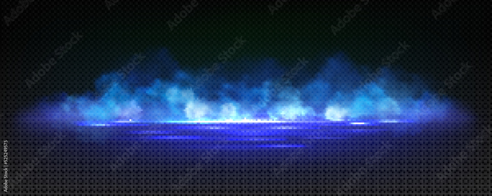 Smoke, magic haze clouds, blue glowing steam in nightclub perspective ...