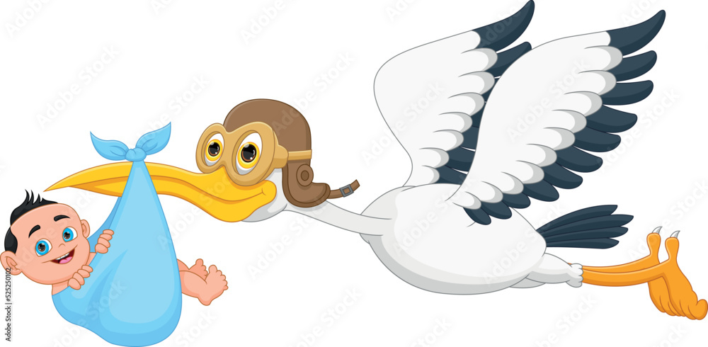 cartoon stork carrying baby on white background Stock Vector | Adobe Stock