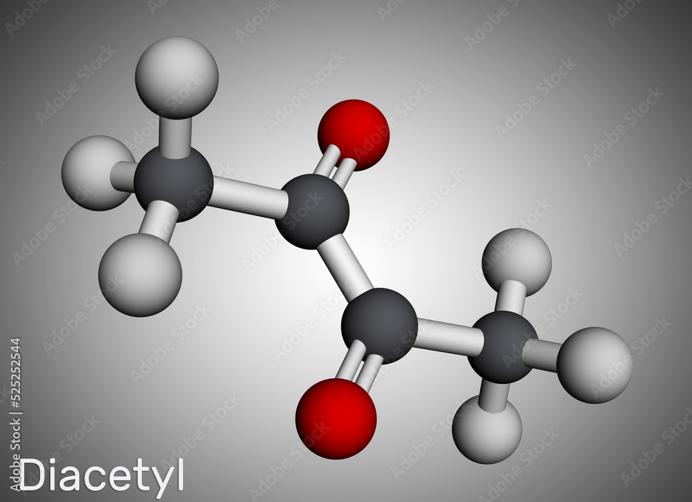 Diacetyl, butanedione molecule. It is occurs in alcoholic beverages and ...