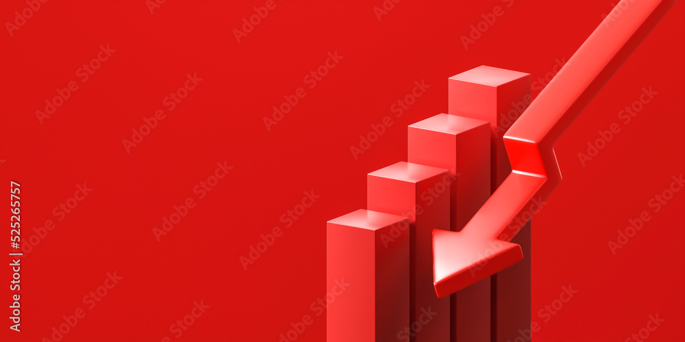 Down arrow financial crisis business graph on red impact 3d background ...