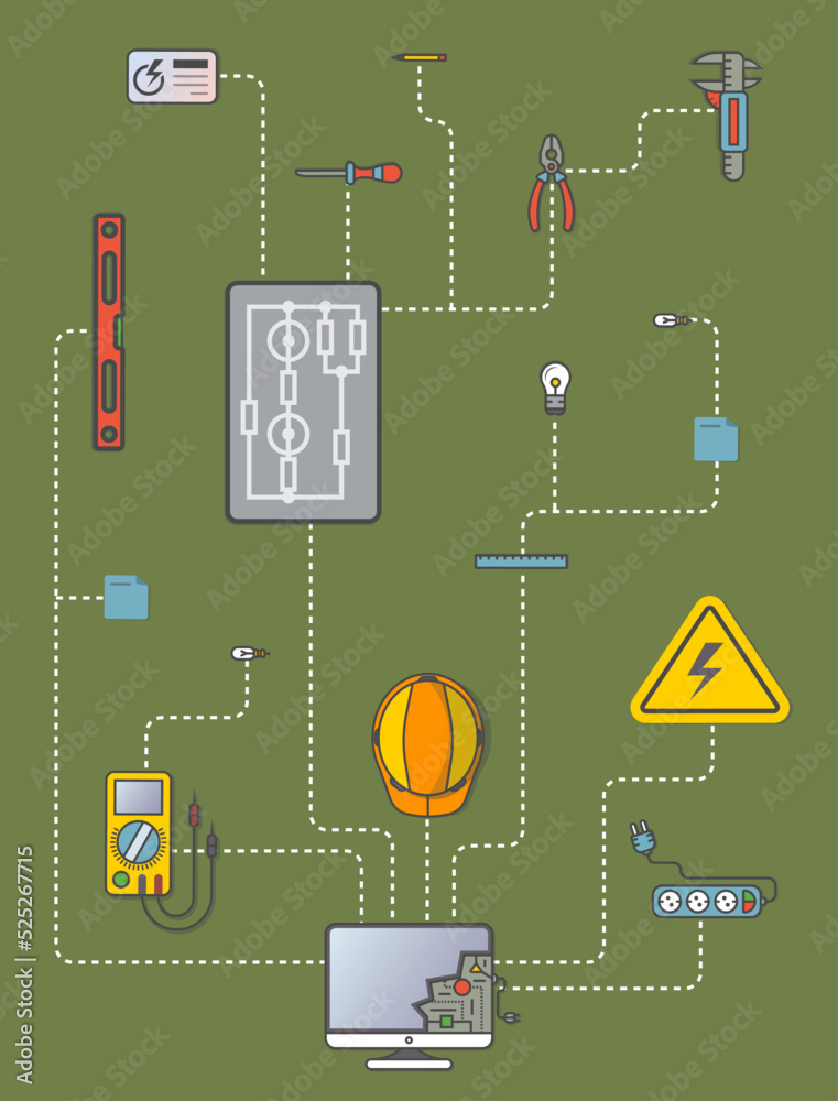 Electricity engineering infographic vector illustration. Electrician ...