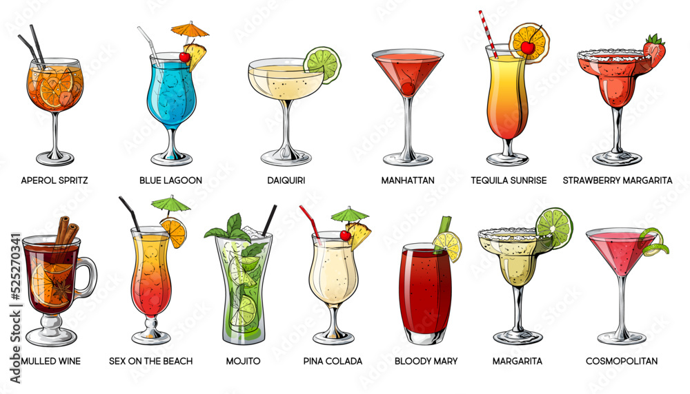 Set Of Tropical Cocklails Summer Alcoholic Holiday And Beach Party