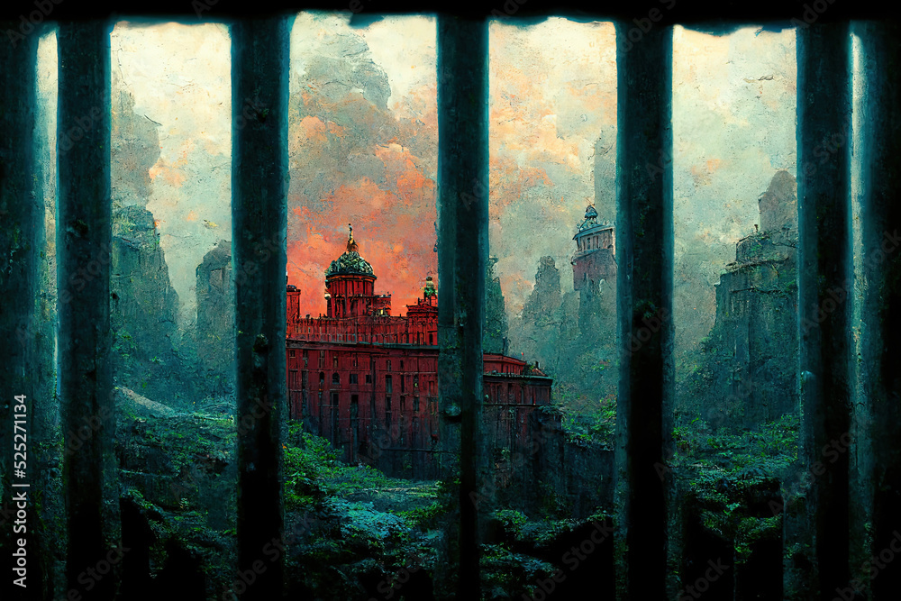 Bastille Prison with Iron Gray Bars, Medieval Castle and Mountains ...