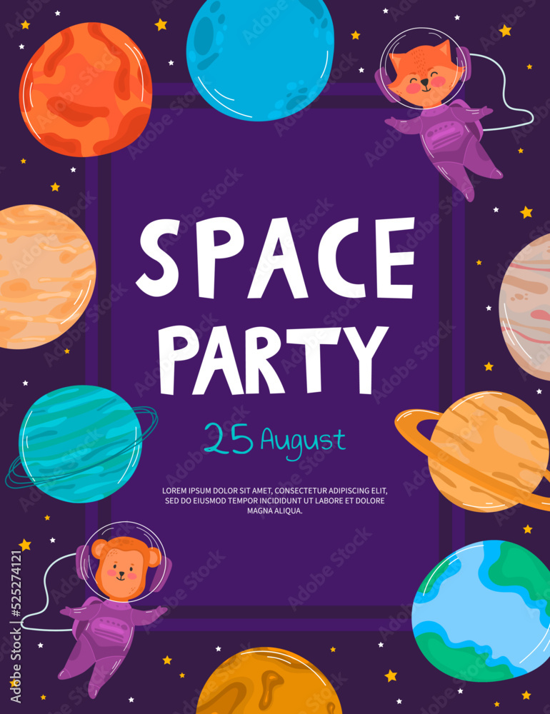 Space party cartoon flyers, invitation to music show with astronaut dj ...