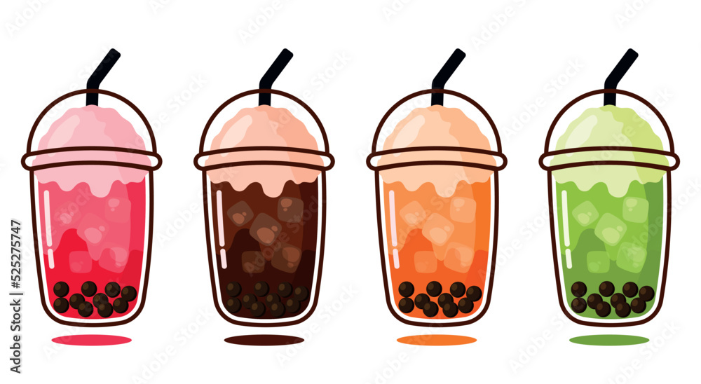 Animated Iced Bubble Tea in Strawberry, Green Tea, Chocolate, Thai Tea ...