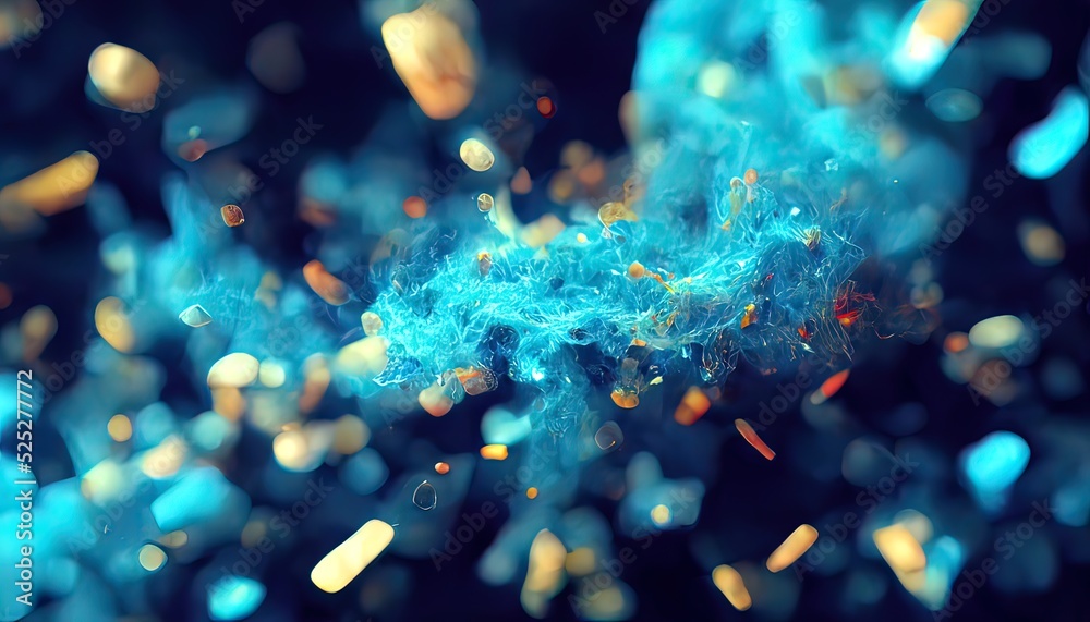 Burst of blue particles. Microscopic, technology view. Scifi, medical ...