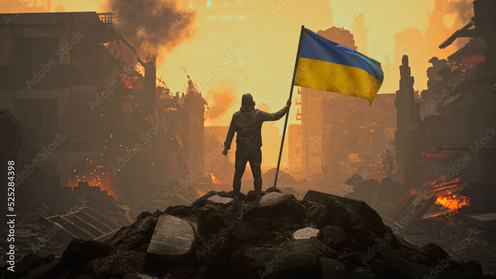 War in Ukraine Civilian Man Holding Ukrainian Flag amid Destruction ...