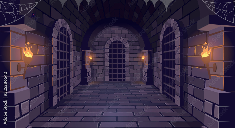 Dungeon with a long corridor. Medieval castle corridor with torches and ...