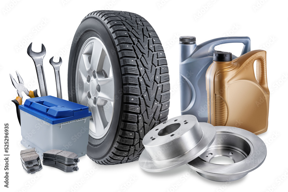 Tools and objects for car repair and service, such as a wheel; battery ...