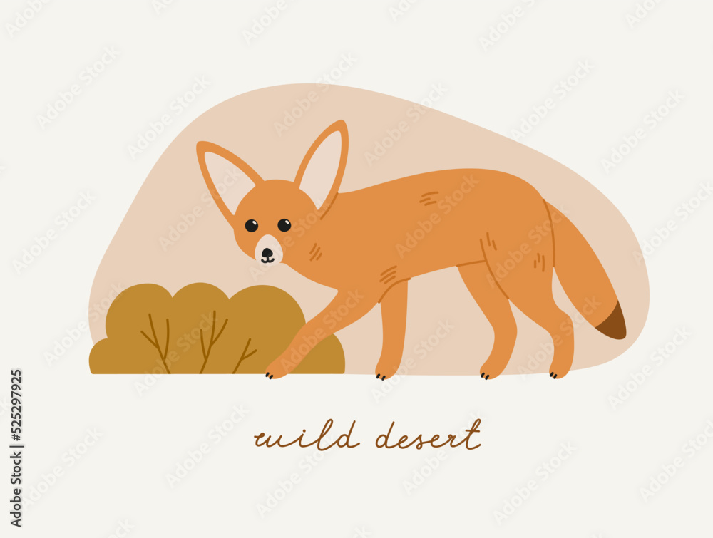 Hand-drawn fennec fox with bush and hand lettering, isolated on white ...