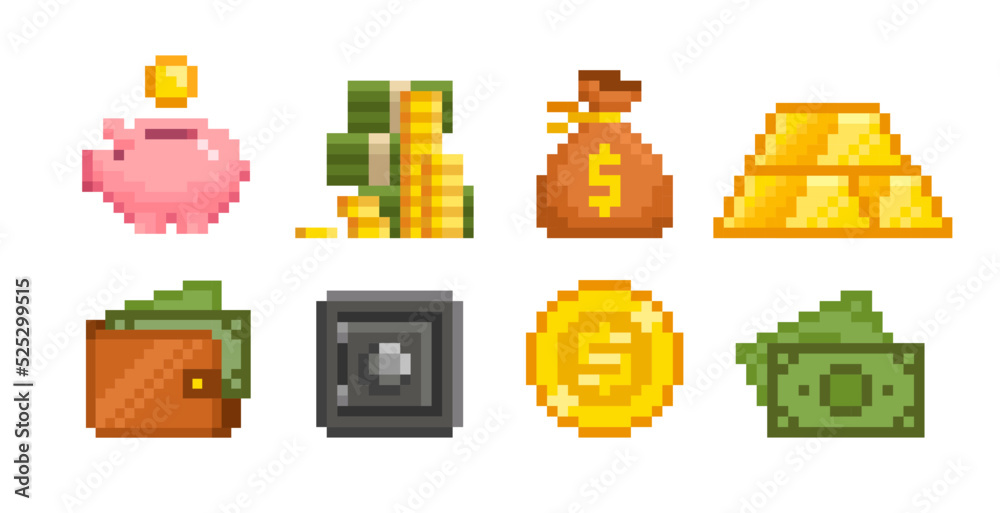 Budget or money saving concept with Pixel Art Piggy Bank and coins ...