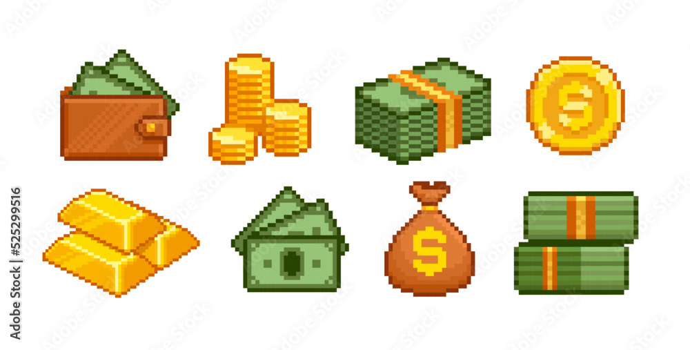 Vetor de Pixel Art Cash Money and coins vector icons set for retro game ...