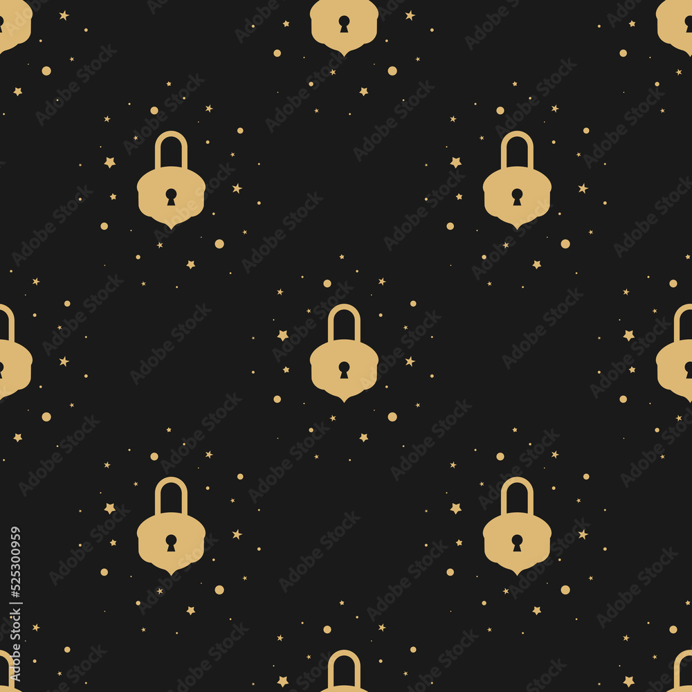 Magic vintage locks with stars seamless ornament. Vector retro golden ...