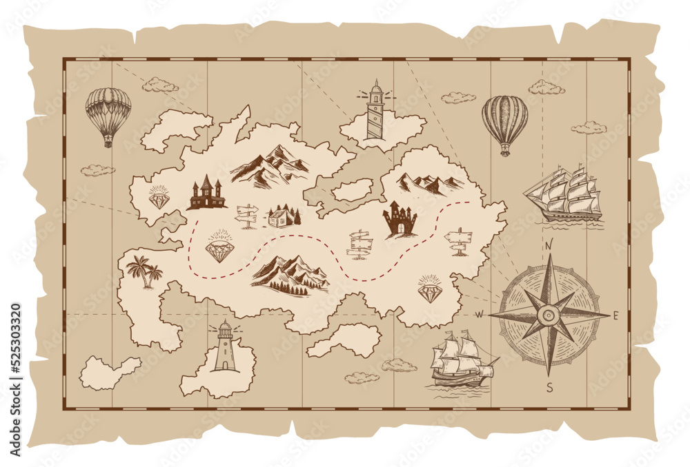 Poster Old treasure map vector sketch. Hand drawn illustrations, vector ...