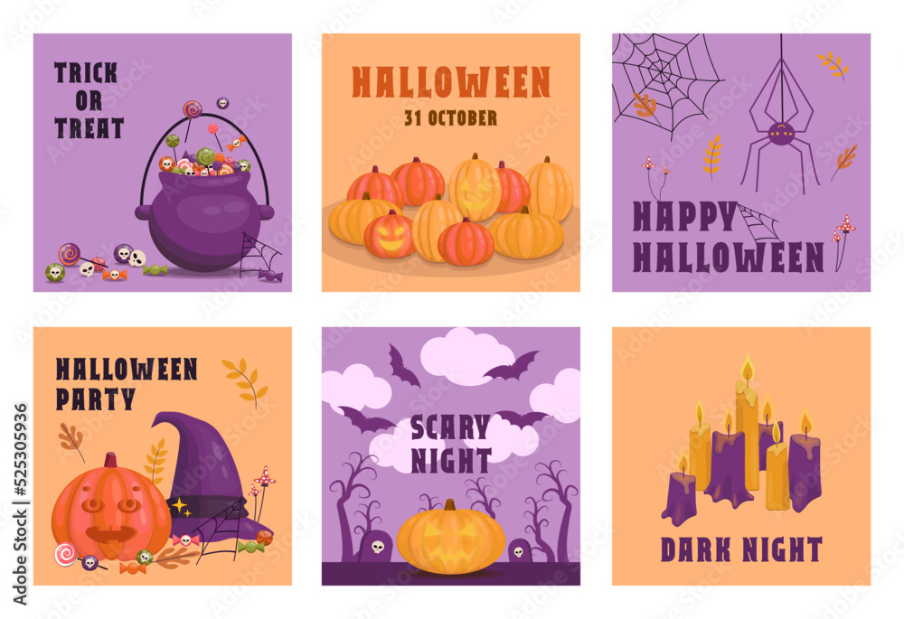 Happy Halloween, Trick and Treat card designs set. Funny spooky ...
