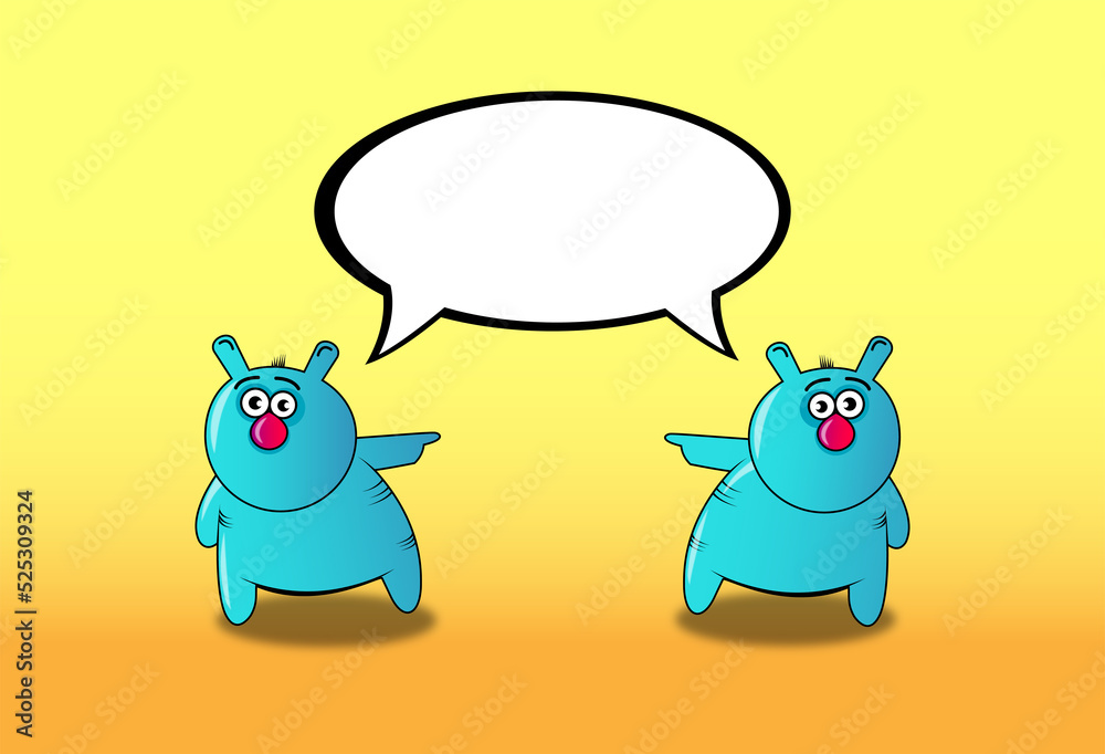 Blue creatures pointing at each other with a shared empty speech comic ...