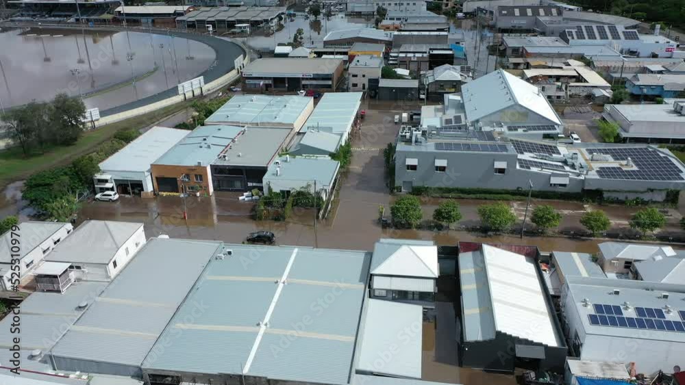Drone view of flooded roads near Eagle Farm Racecourse. Brisbane Floods ...