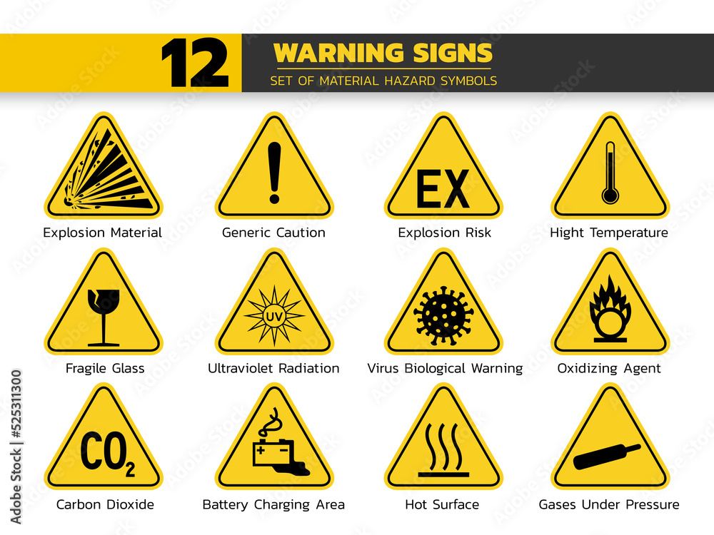 set of isolated material hazardous symbols on yellow round triangle ...