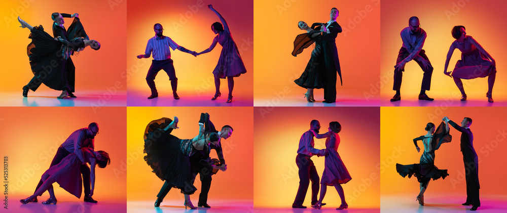 Collage with images of young dance ballroom couples in stage attires ...