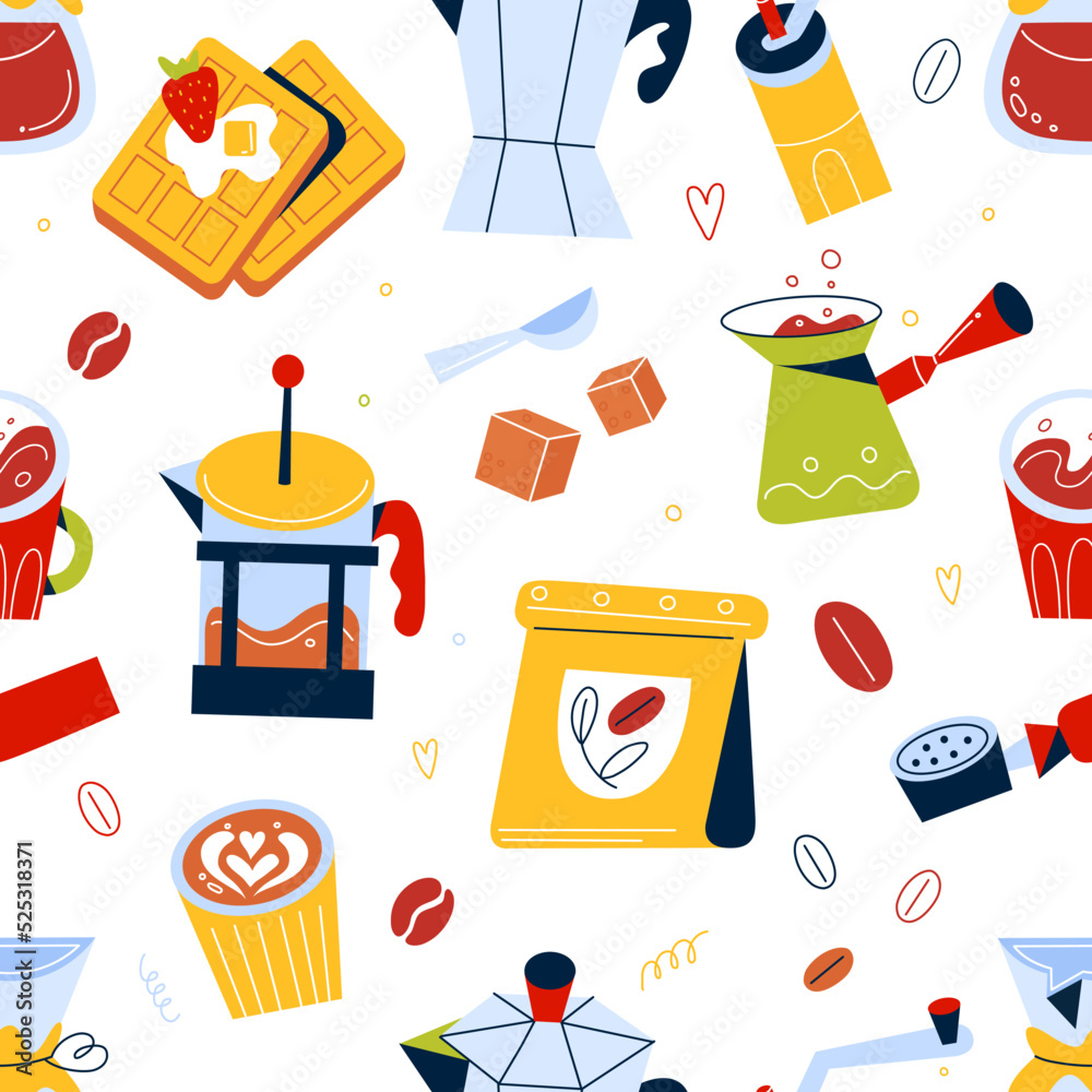 Cartoon coffee seamless pattern. Hot drinks elements, desserts and ...