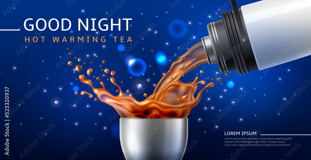 Realistic tea poster. Hot drink jet pouring from thermos into ...