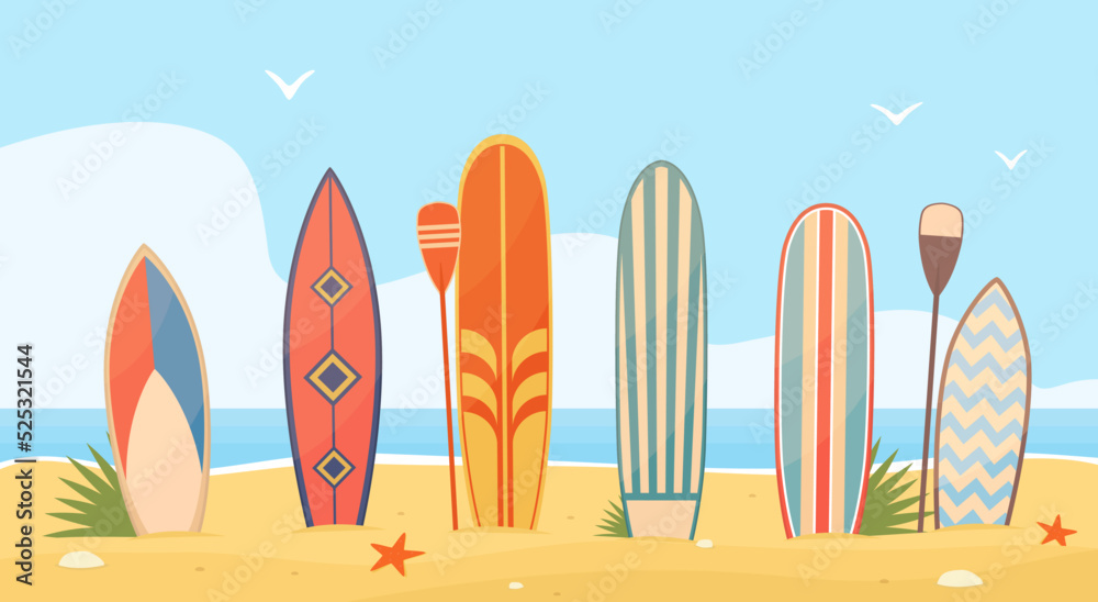 Surfboards on sand. Patterned sea boards in row on beach, ocean surfing ...