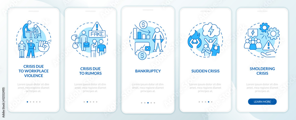 Types of risks blue onboarding mobile app screen. Business issues ...