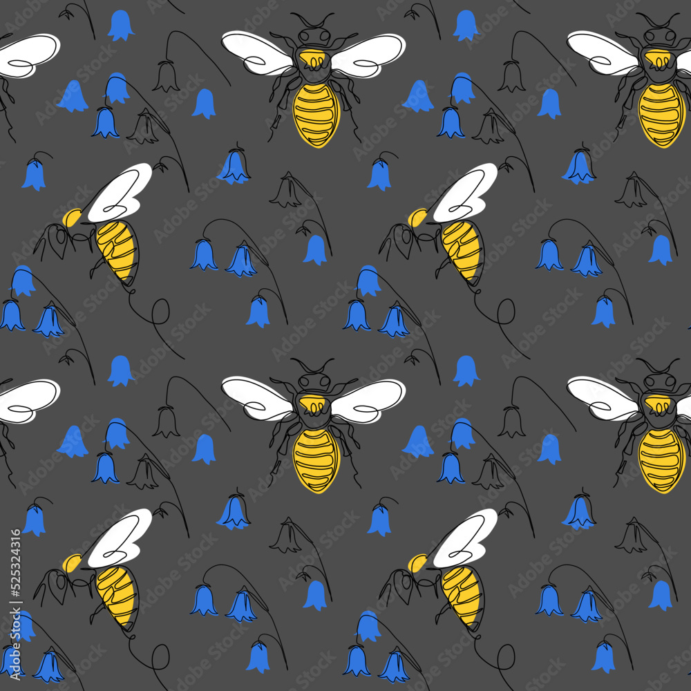 Bee vector pattern with blue flowers on grey background for texture ...
