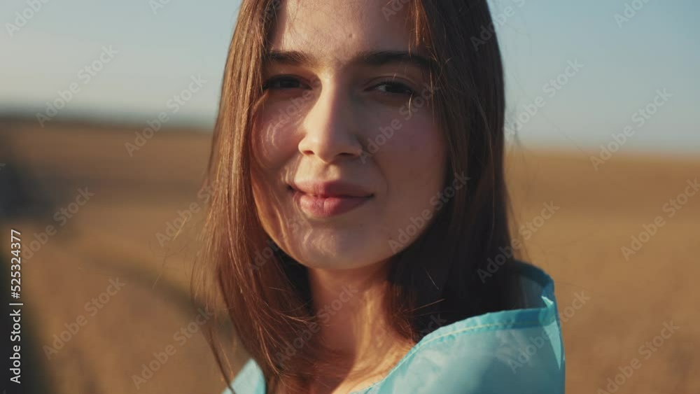 Portrait face happy young Ukrainian woman standing with national flag ...