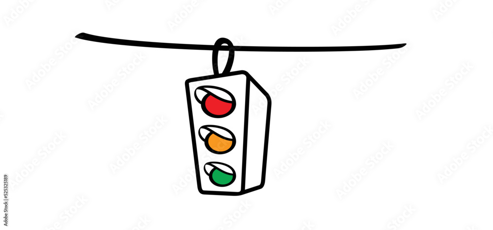 Hanging stoplight. Cartoon, comic street traffic light. Drawing traffic ...