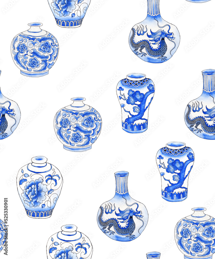 Blue Chinese vases. Seamless pattern painted with watercolor with ...