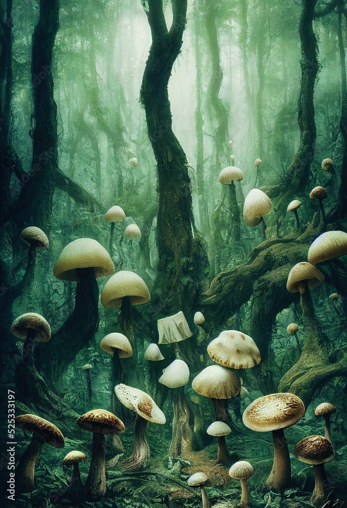 Ancient fairy forest with spooky old knotted trees and mysterious ...