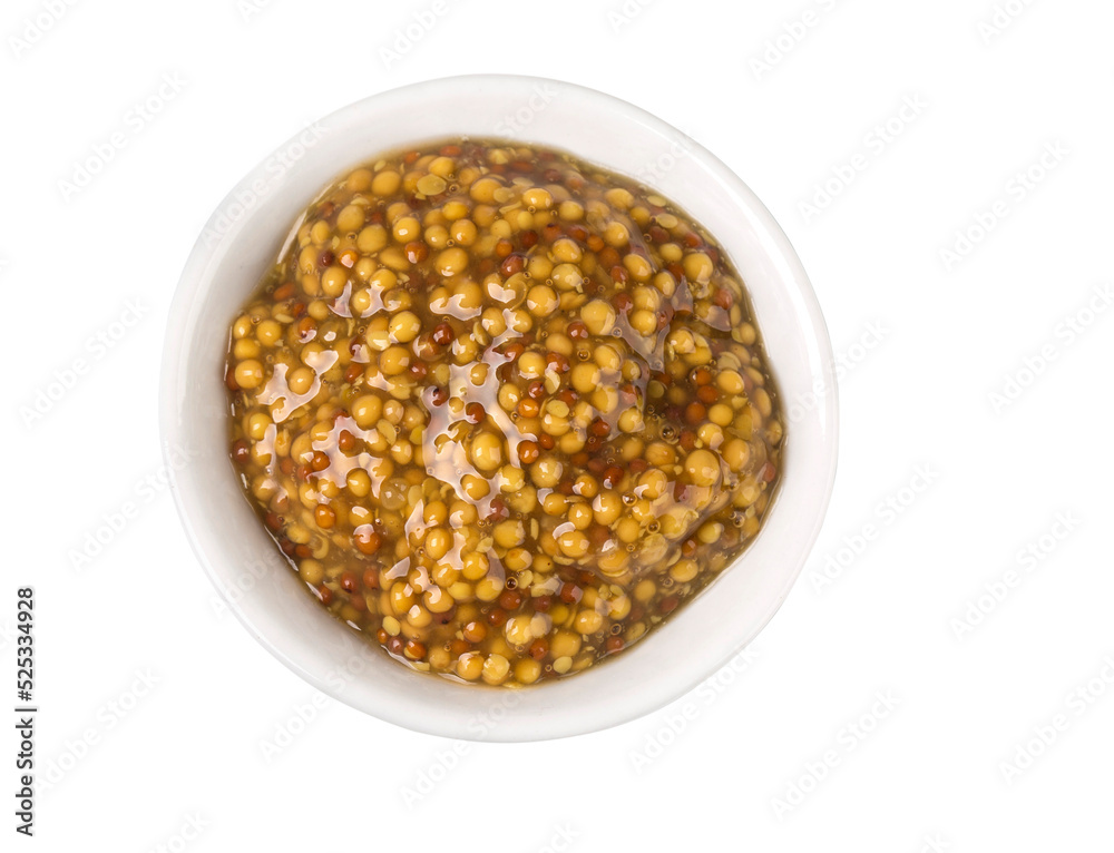 mustard in round dish from above on white. Stock Photo | Adobe Stock