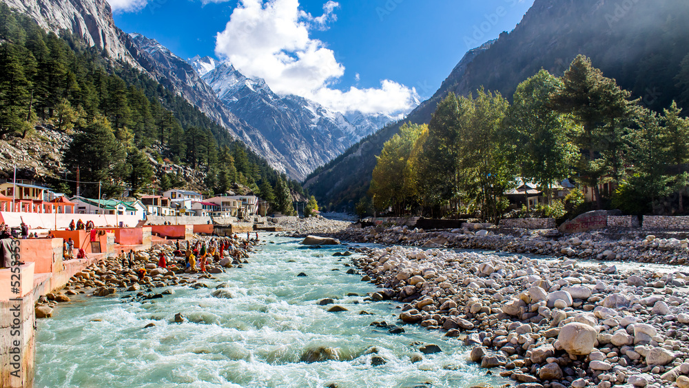 Holy Gangotri Dham or Gangotri town by the side of Bhagirathi river ...