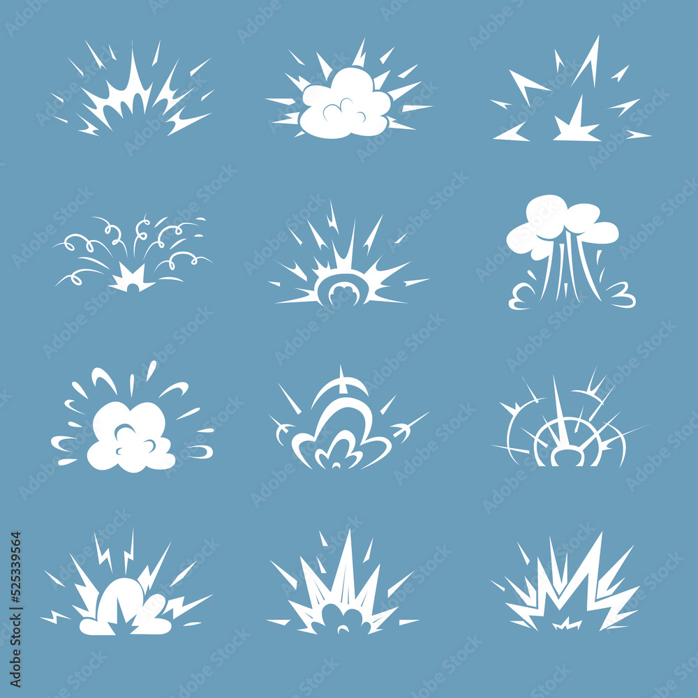 Detonation of bomb on blue background. Vector explosion effects, blast ...