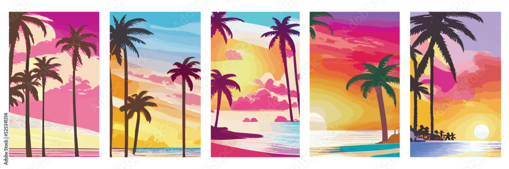 Set vertical retro sunset posters set 80s and 90s style with palm trees ...
