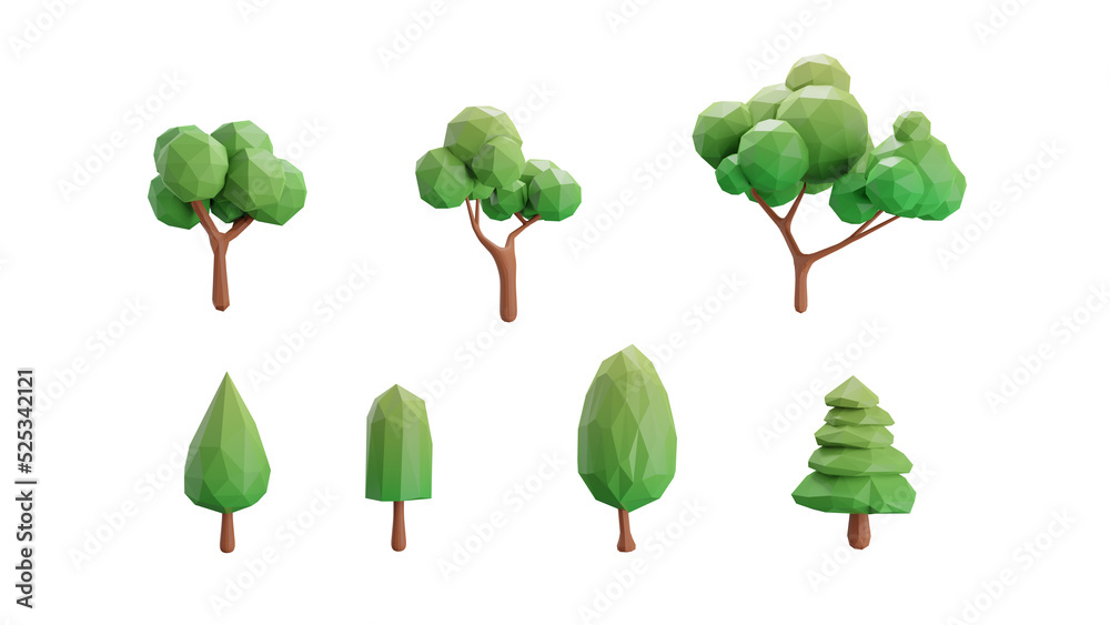 3d render. Set of Polygon tree on white background. Stock Illustration ...